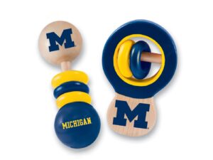 babyfanatic wood rattle 2 pack - ncaa michigan wolverines - officially licensed baby toy set