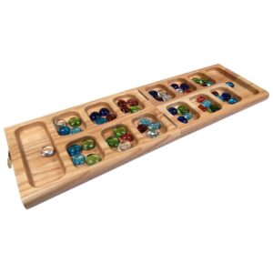 vicente oak wood folding mancala board game, 18 inch set