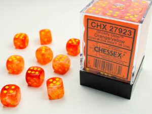 chessex dice d6 sets: ghostly orange / yellow - 12mm six sided die (36) block of dice