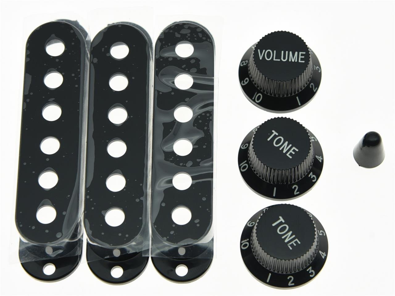 KAISH Black ST Strat Pickup Covers Knobs and 5 Way Switch Tip Cap