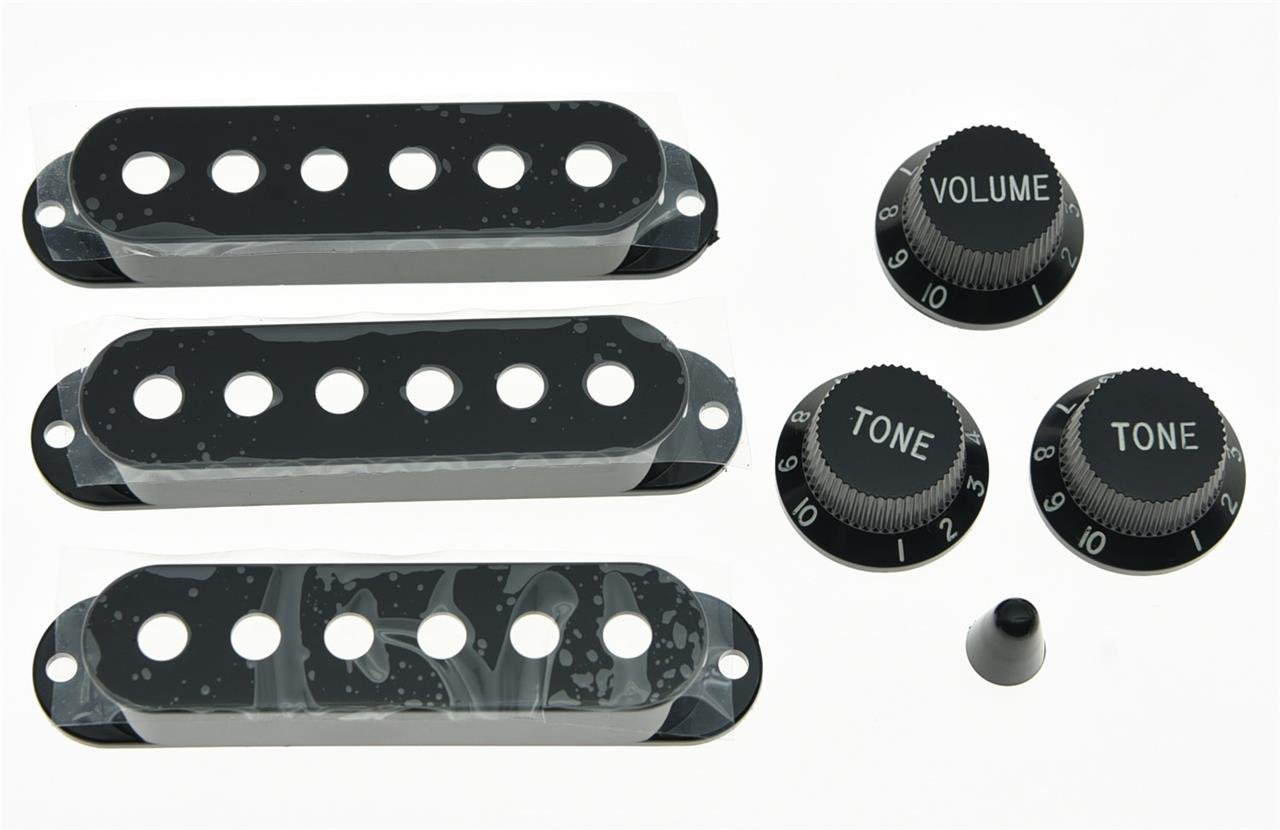 KAISH Black ST Strat Pickup Covers Knobs and 5 Way Switch Tip Cap