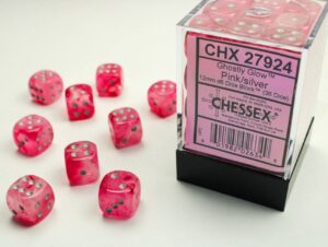 chessex dice d6 sets: ghostly pink / silver - 12mm six sided die (36) block of dice