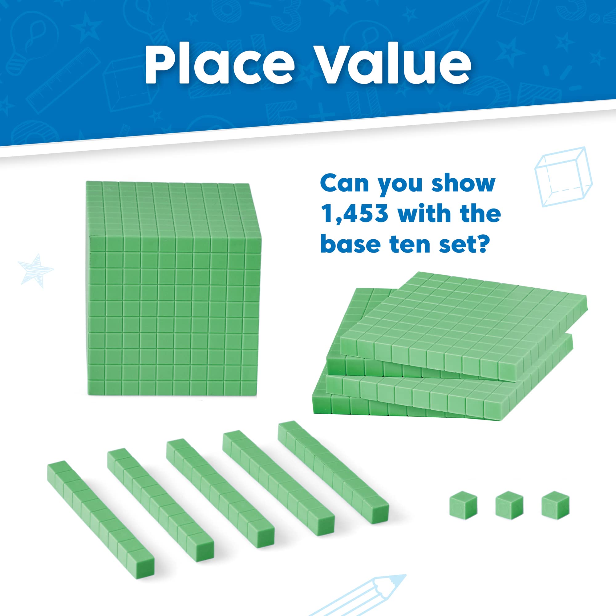 hand2mind Green Foam Base Ten Blocks Complete Classroom Set, Place Value Blocks, Counting Cubes, Math Blocks Kindergarten, Manipulative Kit for Mathematics for Elementary Teachers (Set of 161)