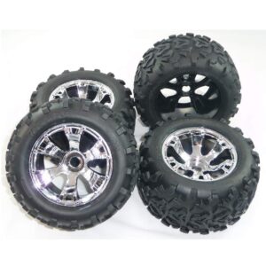 traxxas revo 3.3 front & rear maxx tires & geode 17mm chrome wheels inserts