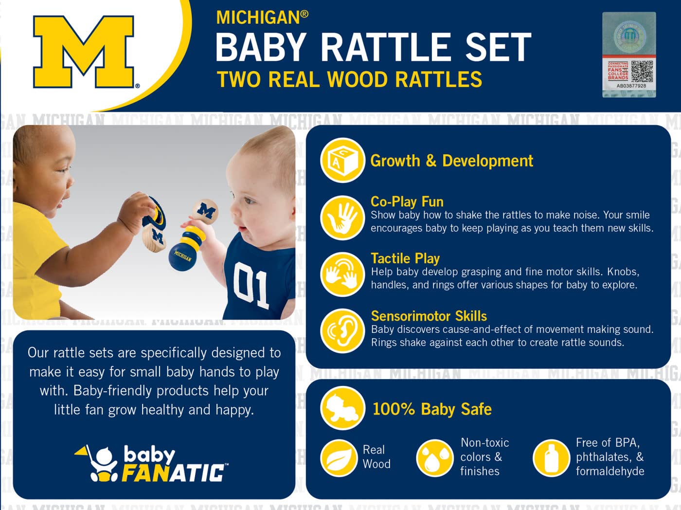 BabyFanatic Wood Rattle 2 Pack - NCAA Michigan Wolverines - Officially Licensed Baby Toy Set