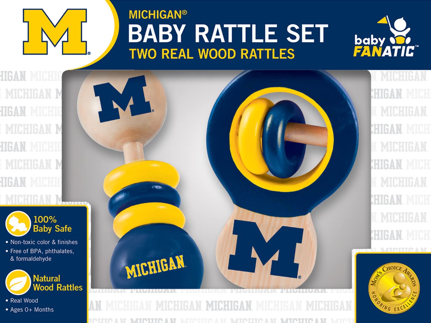 BabyFanatic Wood Rattle 2 Pack - NCAA Michigan Wolverines - Officially Licensed Baby Toy Set