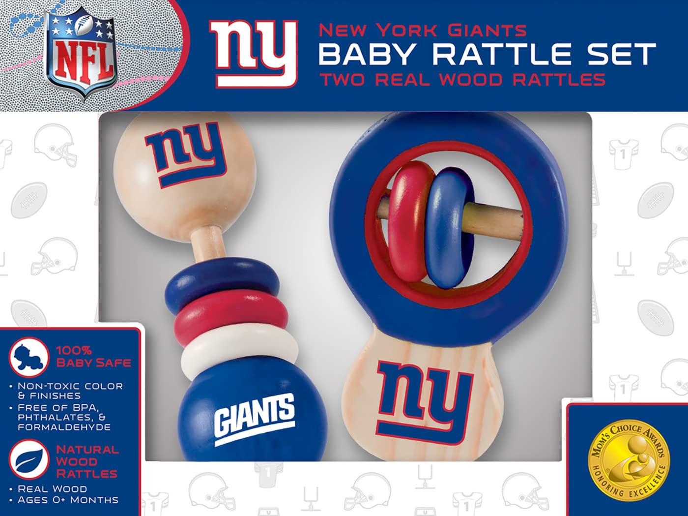 MasterPieces NFL New York Giants Natural Wood, Non-Toxic, BPA, Phthalates, & Formaldehyde Free, Baby Rattle Set, 2 Pieces