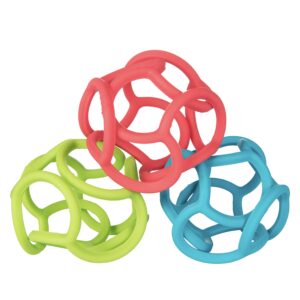 ogobolli teething ring tactile sensory ball toy for babies & kids, 3-pack - green, red, blue - stretchy, soft non-toxic silicone - ages 3 months and up