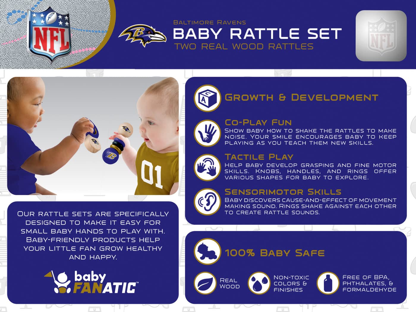 BabyFanatic Wood Rattle 2 Pack - NFL Pittsburgh Steelers - Officially Licensed Baby Toy Set