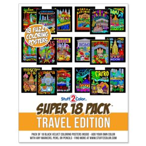 super pack of 18 fuzzy velvet coloring posters (travel edition) - famous cities - educational arts & crafts kit for kids, girls, and boys - perfect as a quiet time or shareable family activity