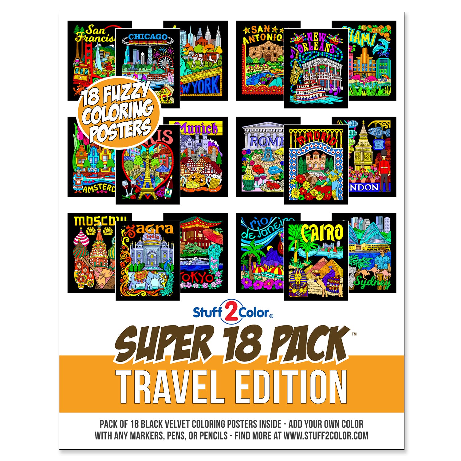 Super Pack of 18 Fuzzy Velvet Coloring Posters (Travel Edition) - Famous Cities - Educational Arts & Crafts Kit for Kids, Girls, and Boys - Perfect as a Quiet Time or Shareable Family Activity