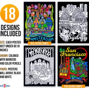 Super Pack of 18 Fuzzy Velvet Coloring Posters (Travel Edition) - Famous Cities - Educational Arts & Crafts Kit for Kids, Girls, and Boys - Perfect as a Quiet Time or Shareable Family Activity