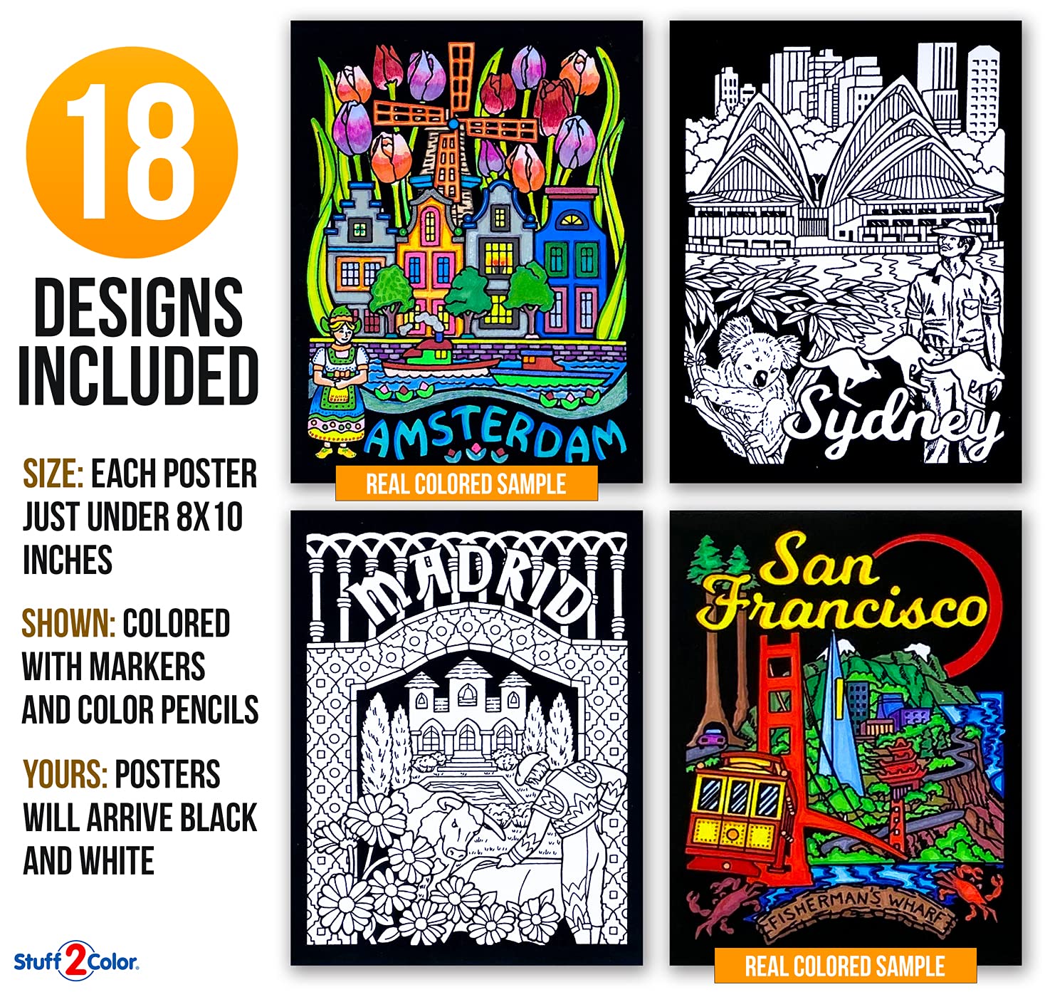 Super Pack of 18 Fuzzy Velvet Coloring Posters (Travel Edition) - Famous Cities - Educational Arts & Crafts Kit for Kids, Girls, and Boys - Perfect as a Quiet Time or Shareable Family Activity