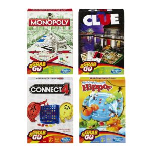 hasbro family grab and go variety pack bundle: clue, monopoly, connect 4 and hungry hungry hippos travel sized board games (4 items)