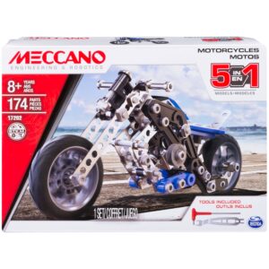 meccano erector, 5 in 1 model building set - motorcycles, 174 pieces, for ages 8 and up, stem construction education toy