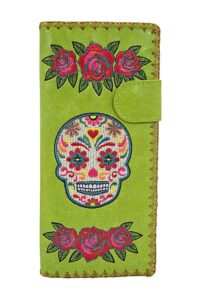 lavishy rockabilly rose & sugar skull day of the dead embroidered large wallet (green)