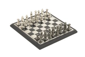 deco 79 aluminum chess game set with black and silver pieces, 12" x 12" x 1", black