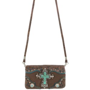 Justin West Tooled Leather Laser Cut Turquoise Rhinestone Cross Concho Studded Messenger Handbag with CrossBody Strap (Brown Wallet)