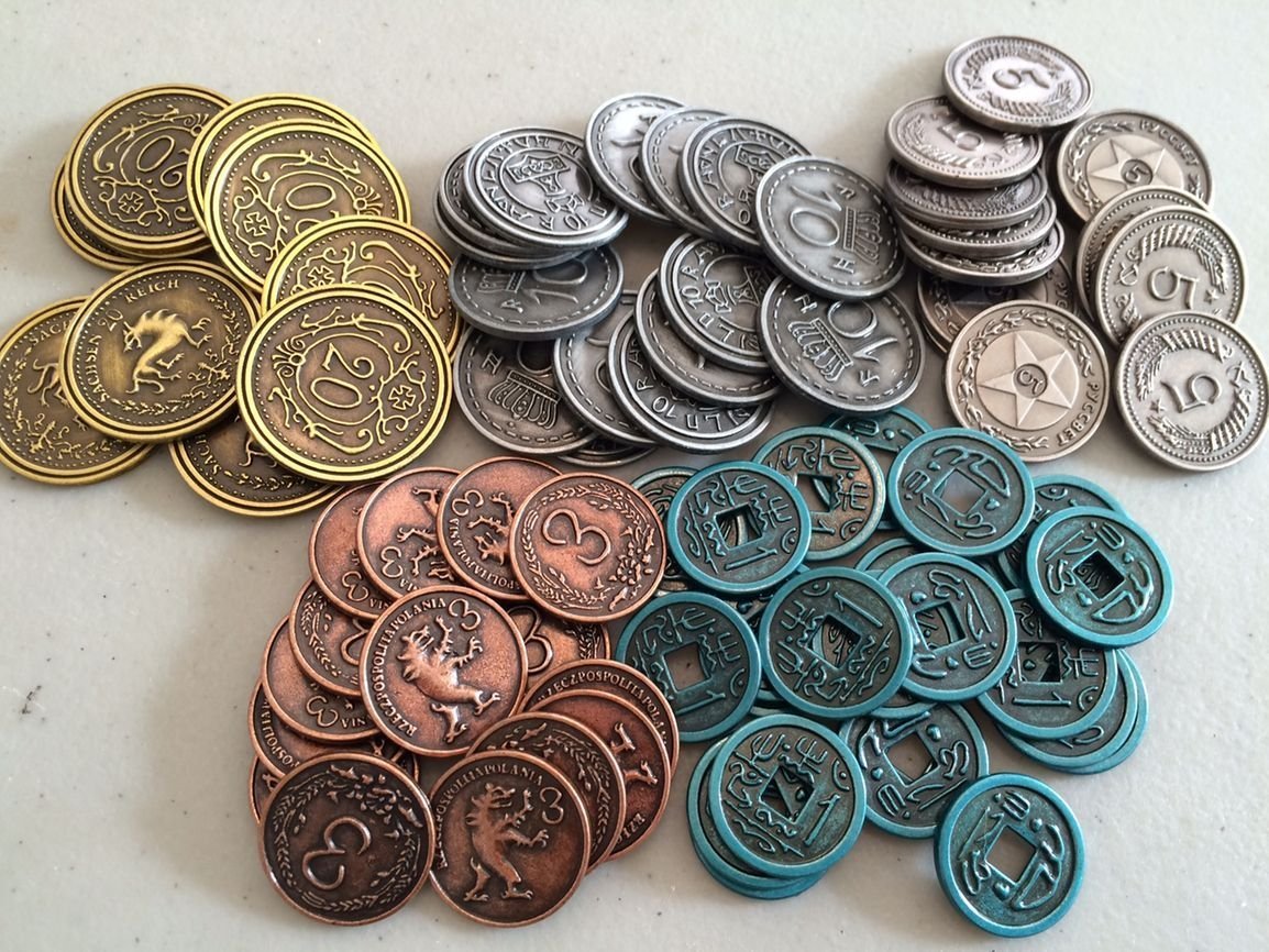 Stonemaier Games: Metal Coins (Scythe and Expeditions) | Metal Coins to Enhance Your Gameplay | 80 Coins with Unique Colors and Sides for Each Denomination - Values Include 1, 3, 5,10, and 20