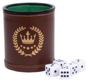 park city games professional casino 5 pc dice cup set pu brown leather green velvet lined includes 5 white six-sided dice