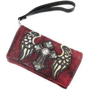 justin west western floral wing embroidery laser cut rhinestone silver cross studded shoulder tote handbag purse wallet (red wallet)