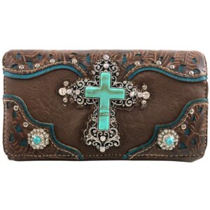 justin west tooled leather laser cut turquoise rhinestone cross concho studded messenger handbag with crossbody strap (brown wallet)