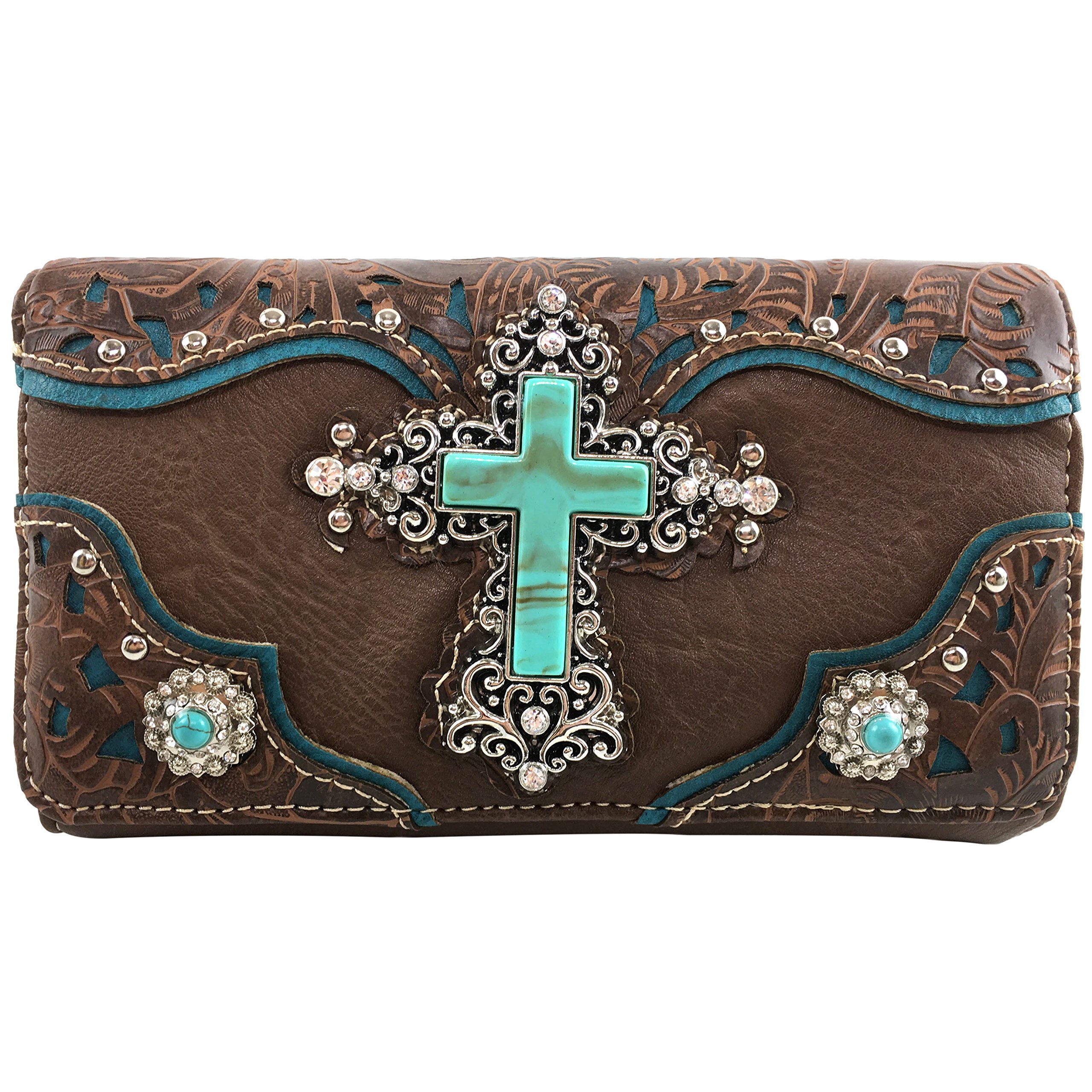 Justin West Tooled Leather Laser Cut Turquoise Rhinestone Cross Concho Studded Messenger Handbag with CrossBody Strap (Brown Wallet)