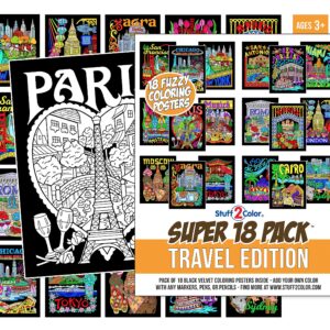 Super Pack of 18 Fuzzy Velvet Coloring Posters (Travel Edition) - Famous Cities - Educational Arts & Crafts Kit for Kids, Girls, and Boys - Perfect as a Quiet Time or Shareable Family Activity