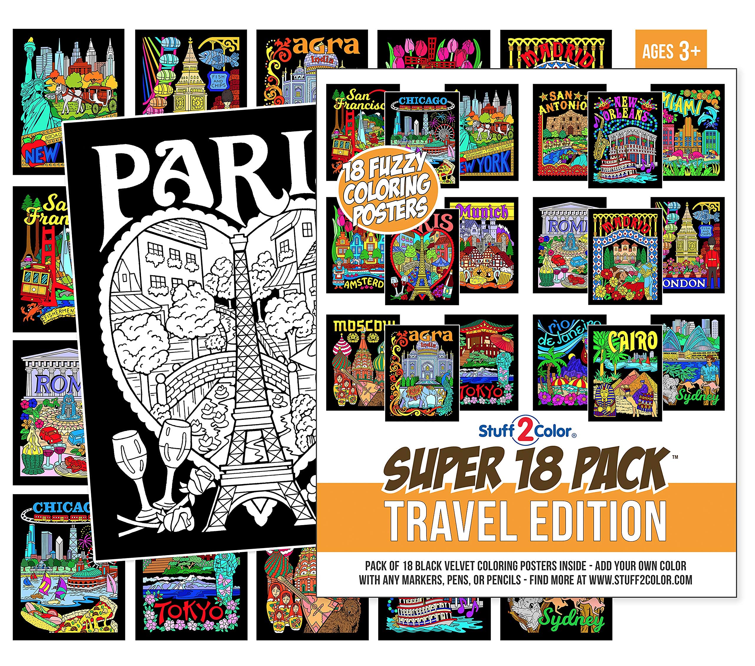 Super Pack of 18 Fuzzy Velvet Coloring Posters (Travel Edition) - Famous Cities - Educational Arts & Crafts Kit for Kids, Girls, and Boys - Perfect as a Quiet Time or Shareable Family Activity