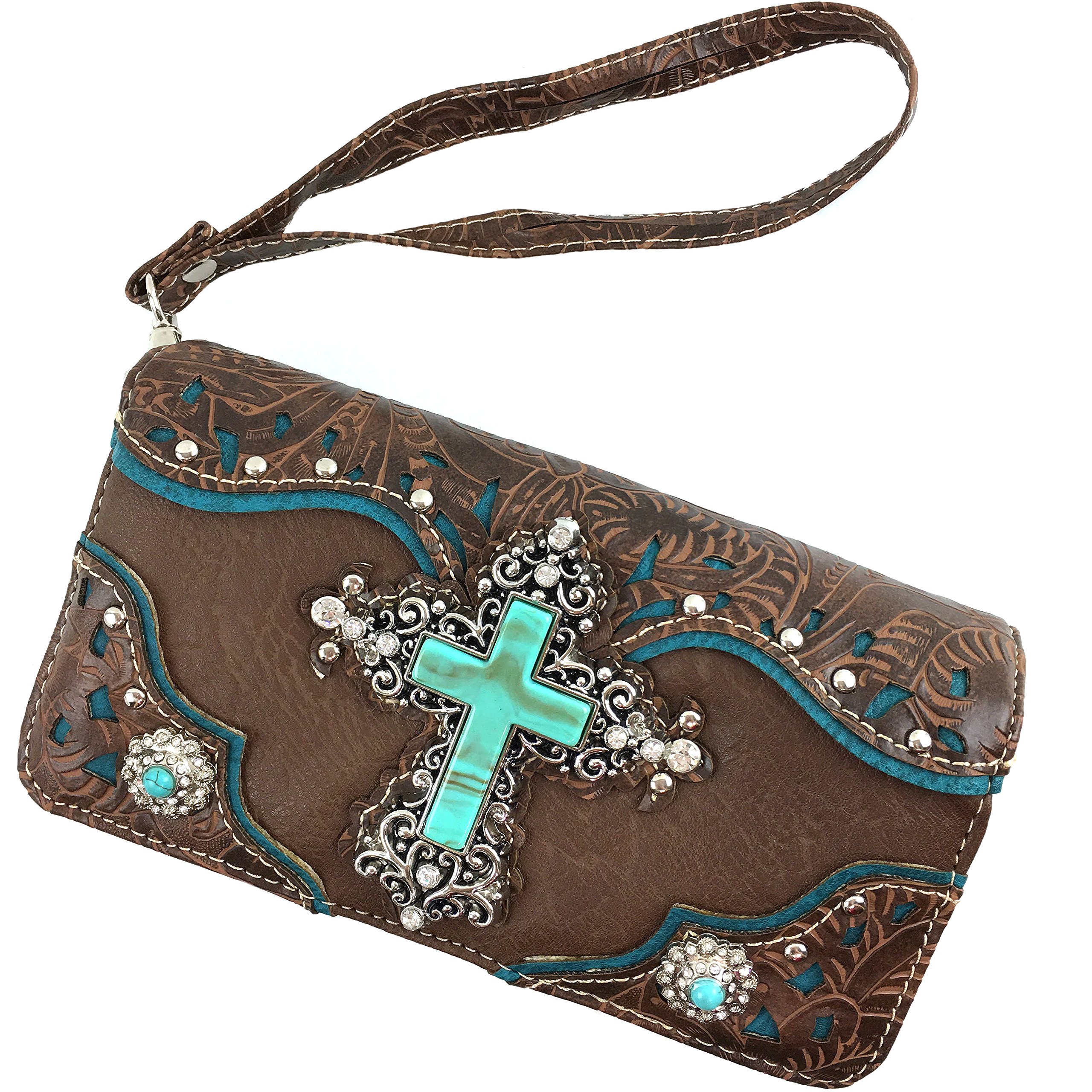 Justin West Tooled Leather Laser Cut Turquoise Rhinestone Cross Concho Studded Messenger Handbag with CrossBody Strap (Brown Wallet)