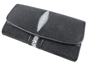 pelgio genuine row diamond stingray skin leather women's trifold clutch wallet black