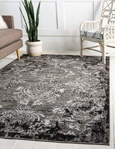 unique loom outdoor botanical collection area rug - manchester (9' x 12' 2" rectangle, light gray/ black)