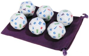 alphabet jumbo dice, 30-sided, set of 6 identical dice, purple velveteen drawstring storage pouch, bundled items