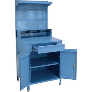 global industrial shop desk w/lower cabinet, pigeonhole compartment w/pegboard riser, 34-1/2"w x 30"d x 80"h, blue