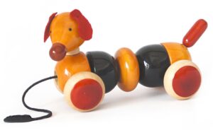 handmade wooden bead & pull toy dog made using natural colors for toddlers 3 years old and up, helps in early education and development | bovow by maya organic (red)