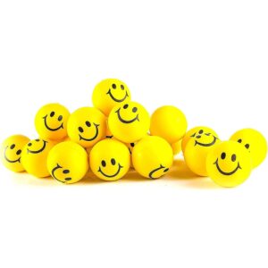 neliblu 24 pack stress balls for kids and adults - 2" stress ball in bulk - neon yellow squishy balls with smiley faces - fun party favors for classroom, goodie bags, and fidget toys for kids