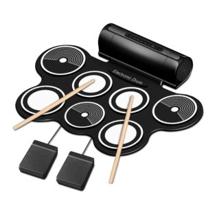 flexzion digital electronic drum set, portable roll up electronic drum pad machine for kids, adults, beginners, pros, 7 pads electric drum set with drum sticks, foot pedals, midi and headphone jack