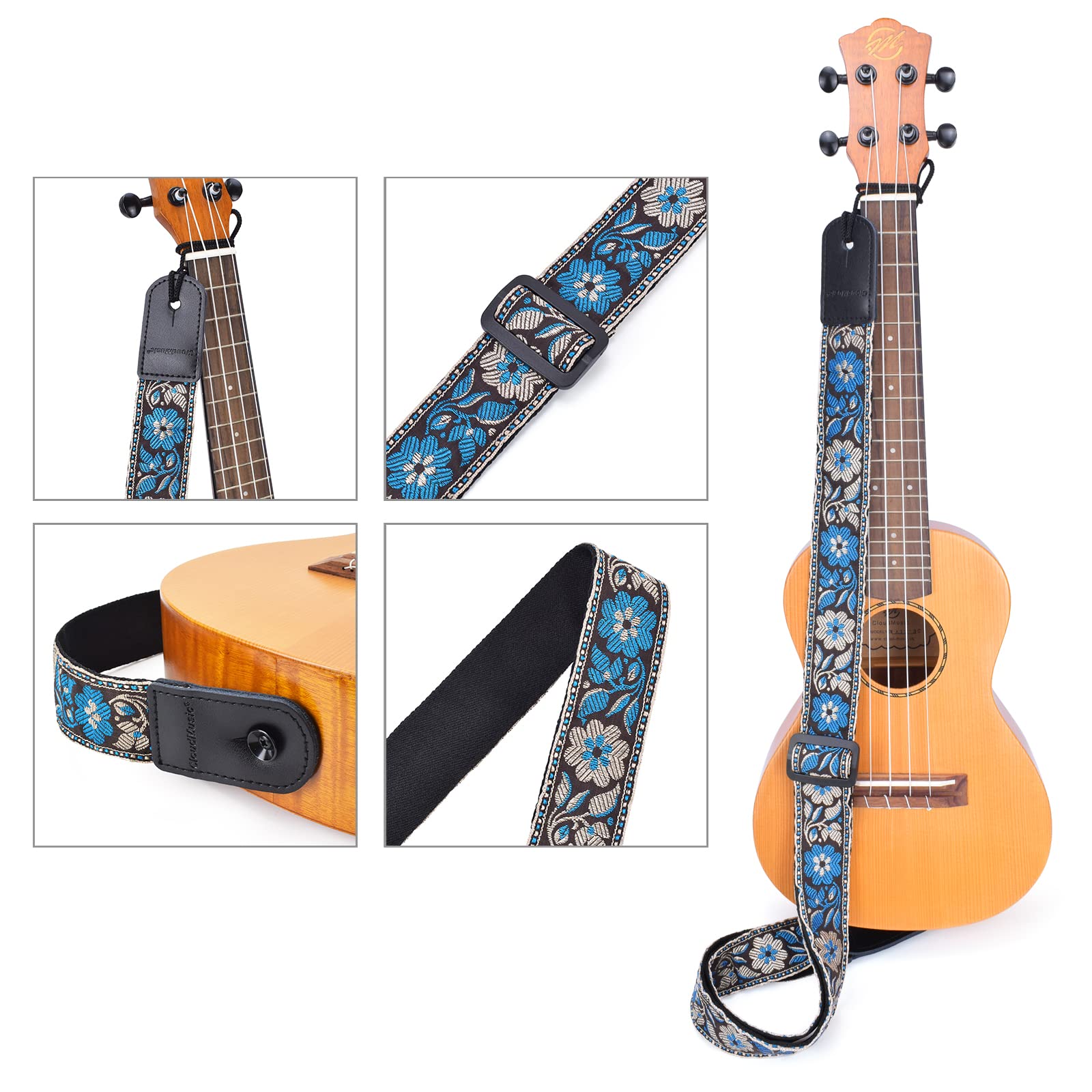 CLOUDMUSIC Tenor Concert Soprano Baritone Ukulele Strap Coloful Hawaii Floral Jacquard For Adult Size And Kids(Blue Flowers In Brown)