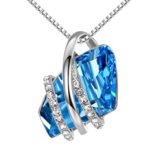 leafael wish stone pendant necklace with aquamarine blue birthstone crystal for march and december, silvertone, 18" + 2" chain