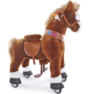 ponycycle official ride-on horse no battery no electricity mechanical pony brown with white hoof giddy up pony plush walking animal size 4 for age 4-8 years - ux424