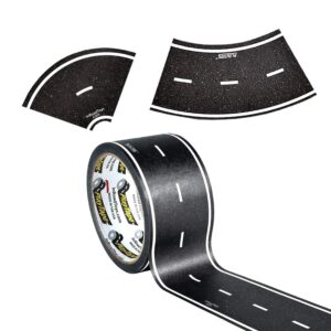 playtape road tape and curves for toy cars - 1 roll of 60 ft. x 2 in. asphalt road + 1 roll of 36 curves