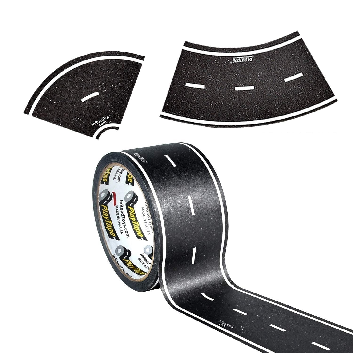 PlayTape Road Tape and Curves for Toy Cars - 1 Roll of 60 ft. x 2 in. Asphalt Road + 1 Roll of 36 Curves