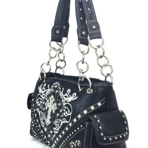 Zzfab Cross Embroidered Western Handbag Rhinestone Purse Black