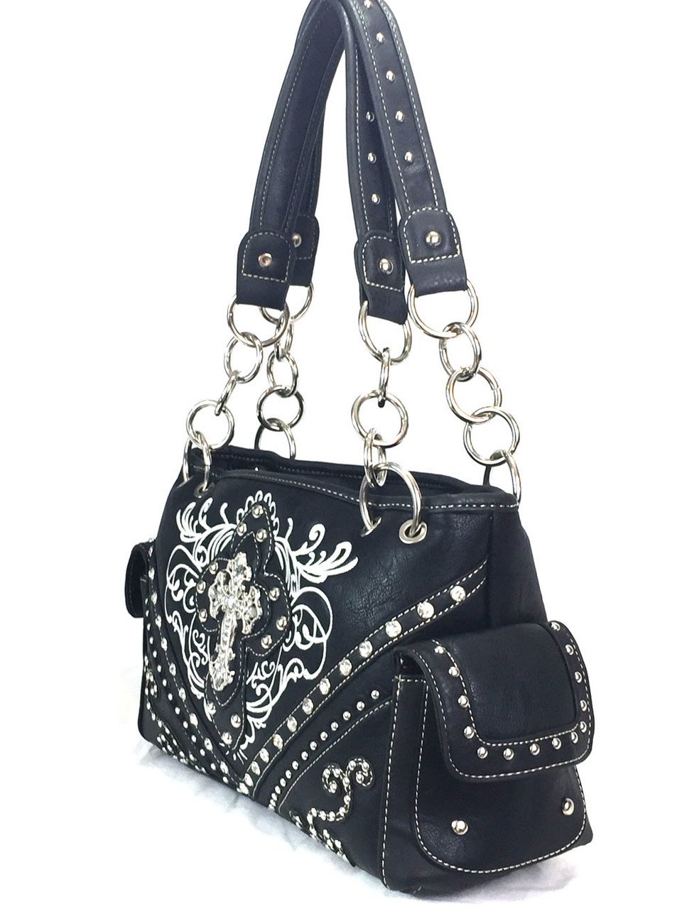 Zzfab Cross Embroidered Western Handbag Rhinestone Purse Black