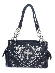 zzfab cross embroidered western handbag rhinestone purse black