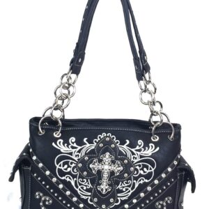 Zzfab Cross Embroidered Western Handbag Rhinestone Purse Black