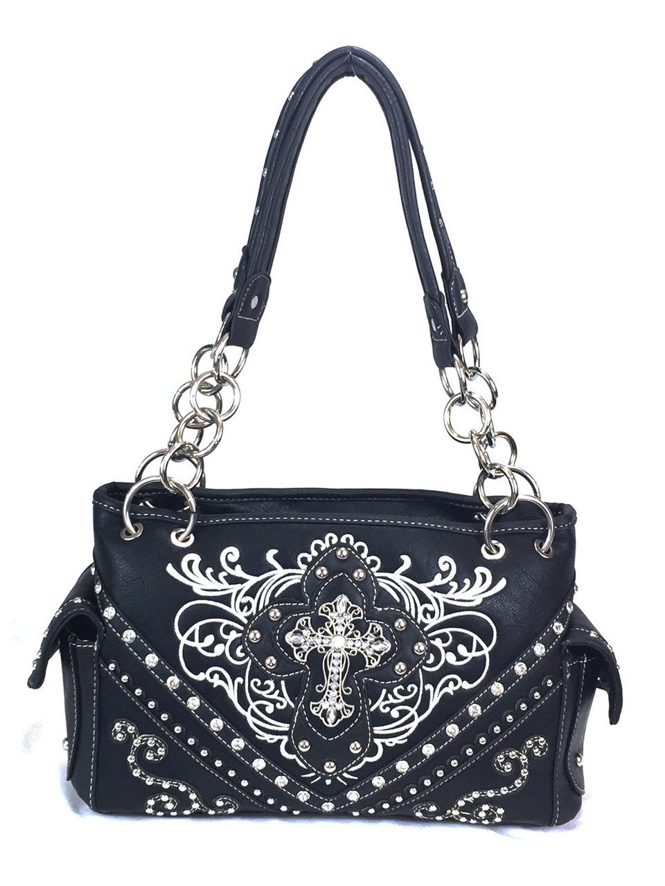 Zzfab Cross Embroidered Western Handbag Rhinestone Purse Black