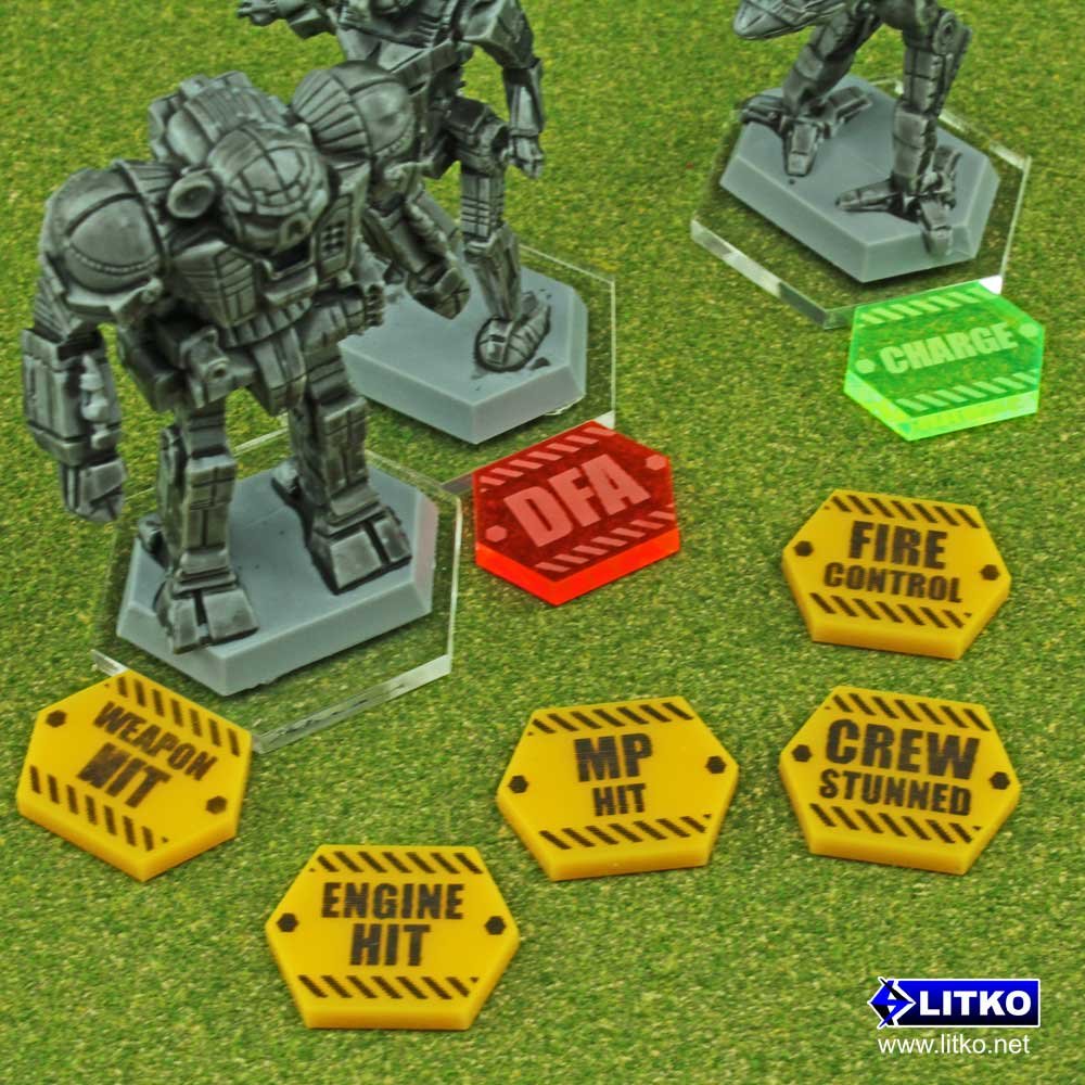 LITKO Critical Damage Token Set | Compatible with Battletech | Fire Control | Hit | Crew Stunned | DFA | Death from Above