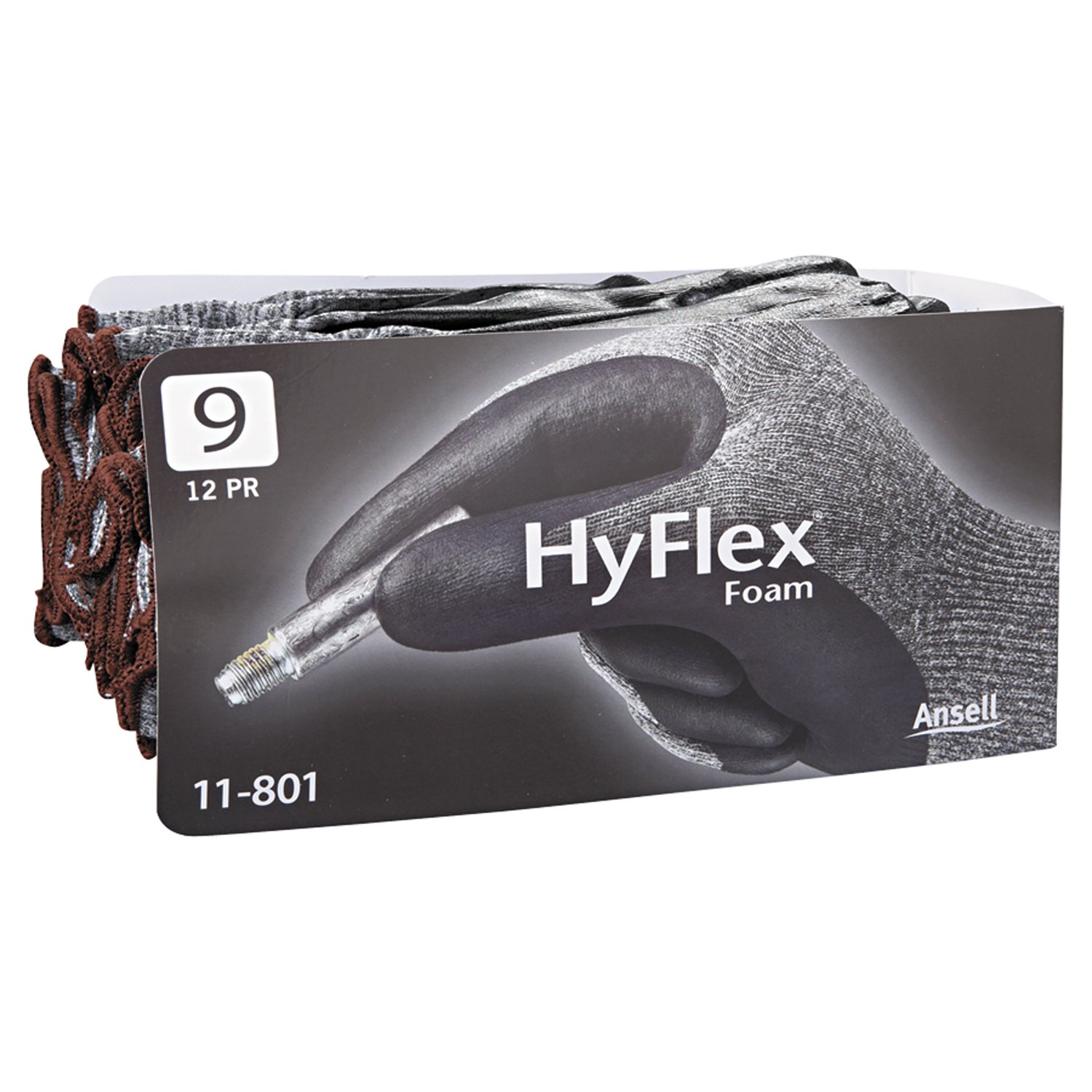 Ansell 11-801-9 HyFlex Foam Gray Gloves, Size 9, Black/Gray (Pack of 12)