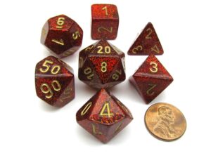 ruby glitter dice with gold numbers 16mm (5/8in) set of 7 chessex